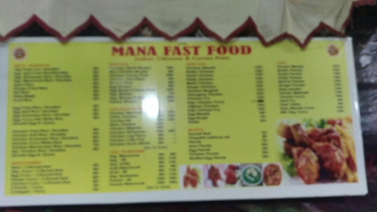 Menu at Mana Fast Food, India