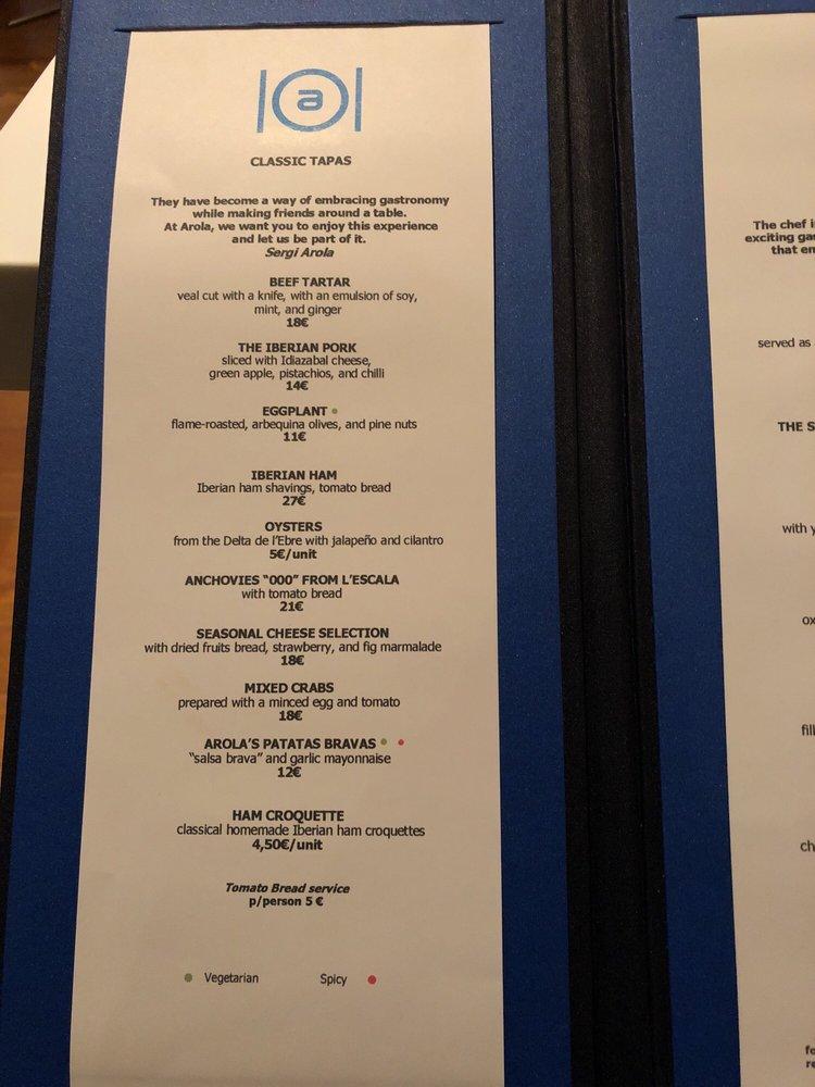 Menu at Arola Restaurant, Barcelona