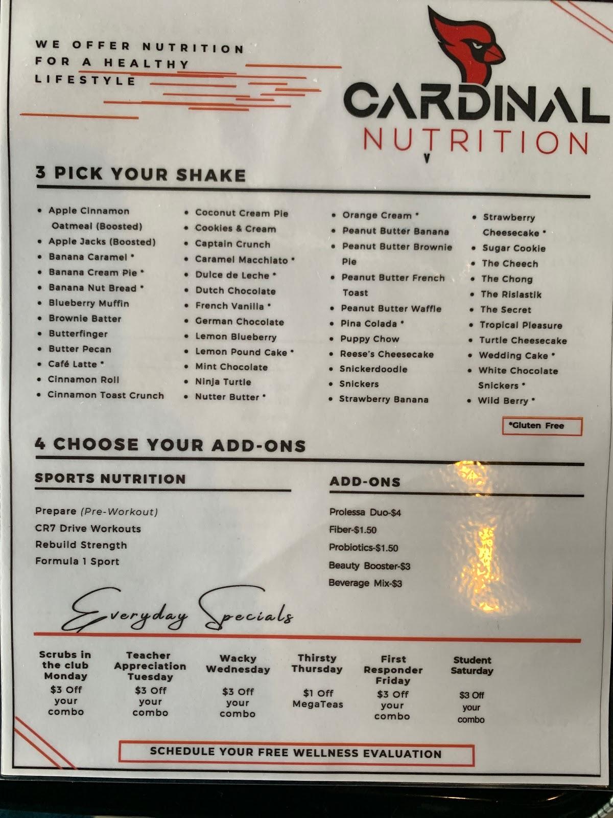 Menu at Cardinal Nutrition restaurant, Melissa