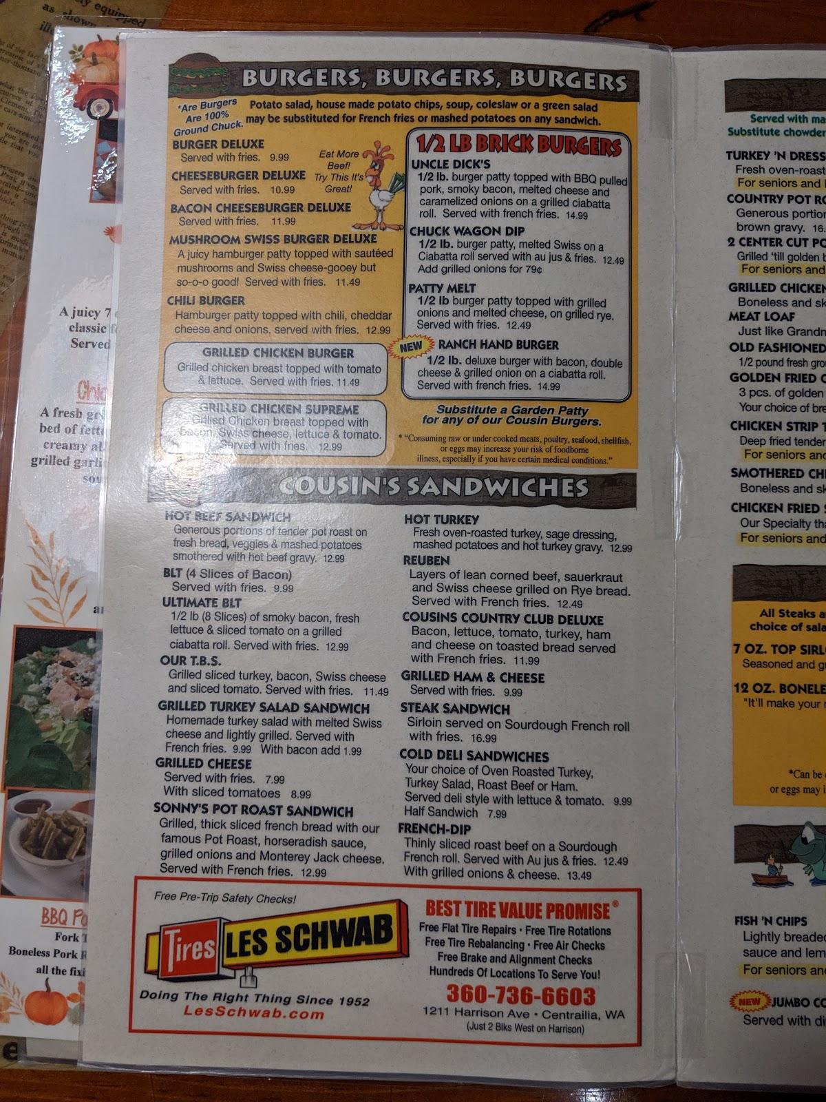 Menu at Country Cousin Restaurant, Centralia