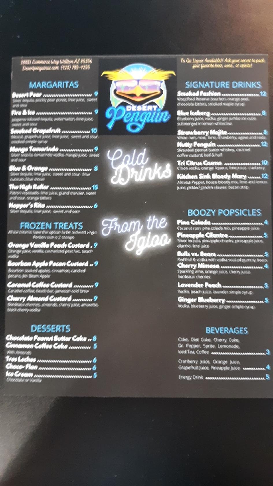 Carta de Desert Penguin Bar & Grill, Wellton