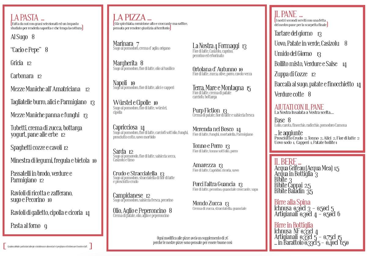 Menu at IMPASTO pizzeria, Cagliari