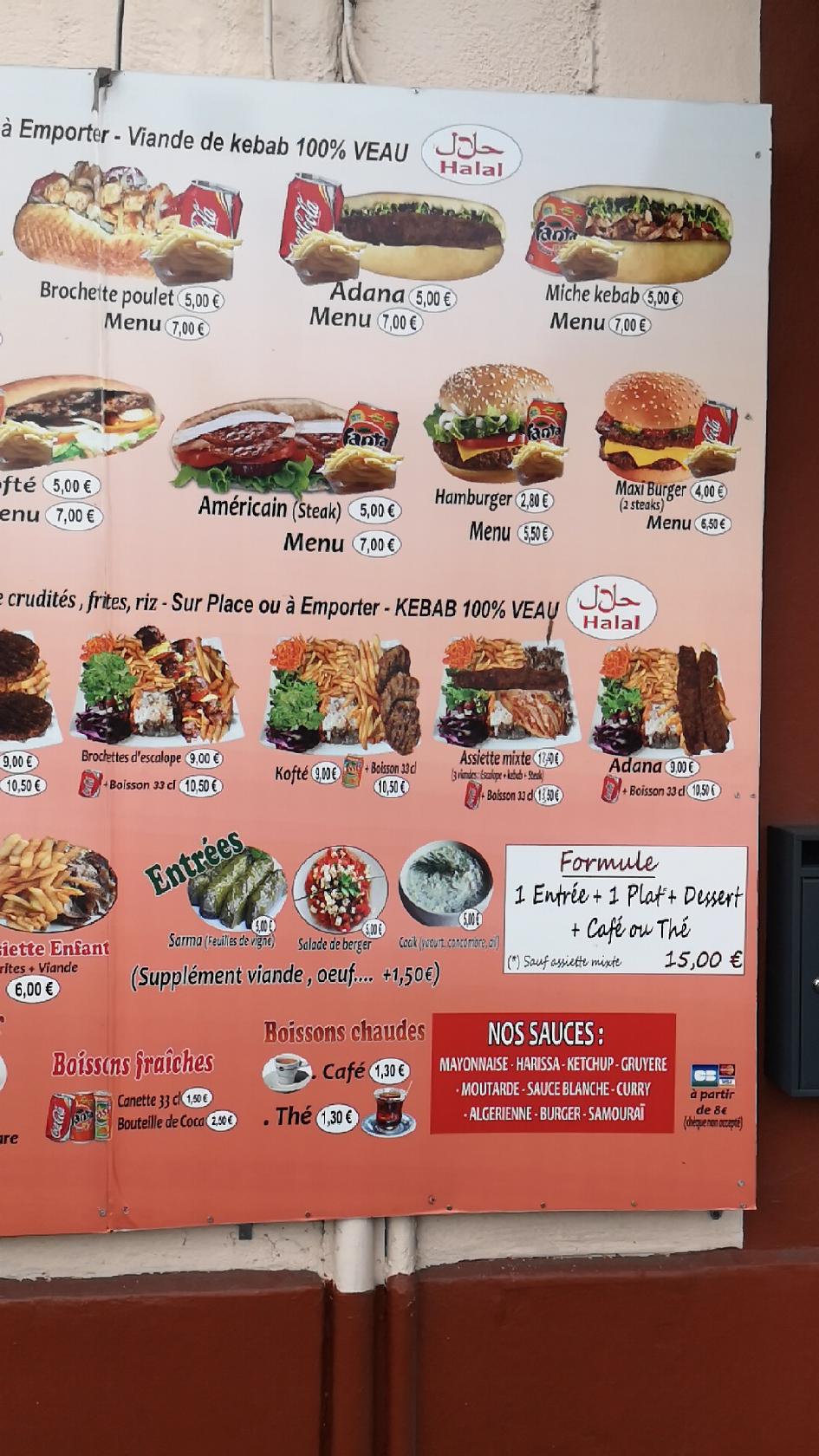 Menu at Le Sultan restaurant, Saint-Fons