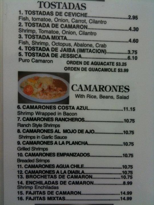 Menu at Mariscos Martin restaurant, La Puente, Valley Blvd