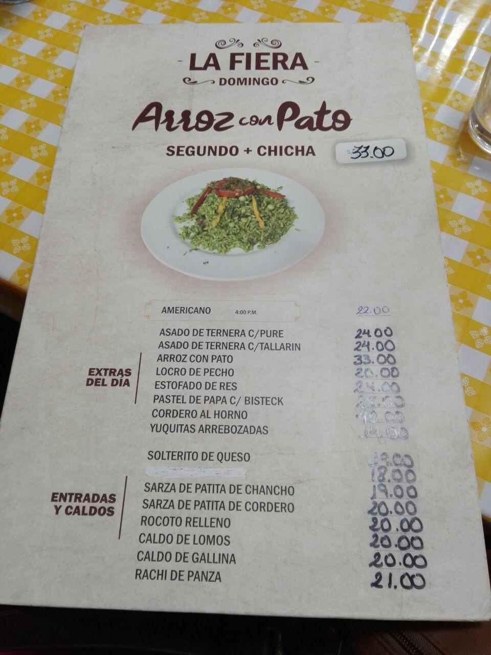Carta del restaurante Picantería La Fiera, Mariano Melgar