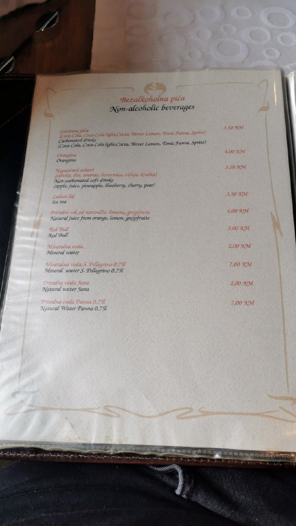 Menu at Boss restoran restaurant, Sarajevo