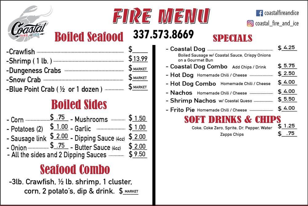 Menu at Coastal Fire And Ice restaurant, Broussard, Ambassador Caffery Pkwy
