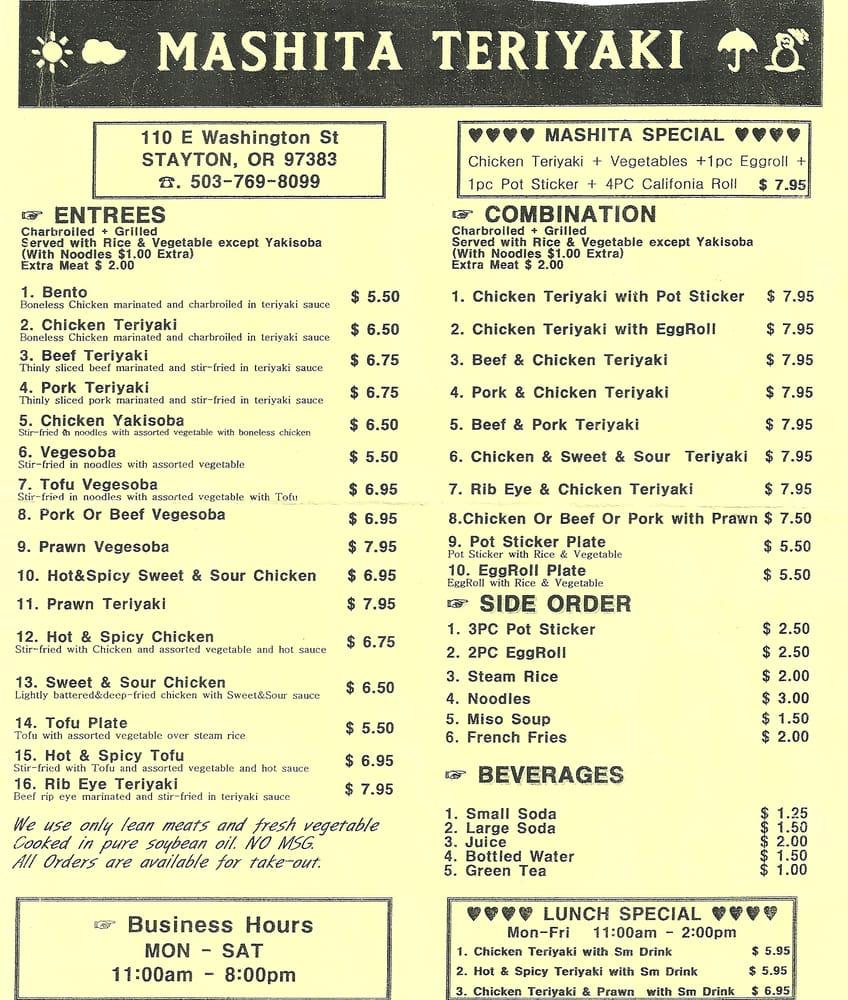 Menu at Mashita Teriyaki Restaurant, Stayton