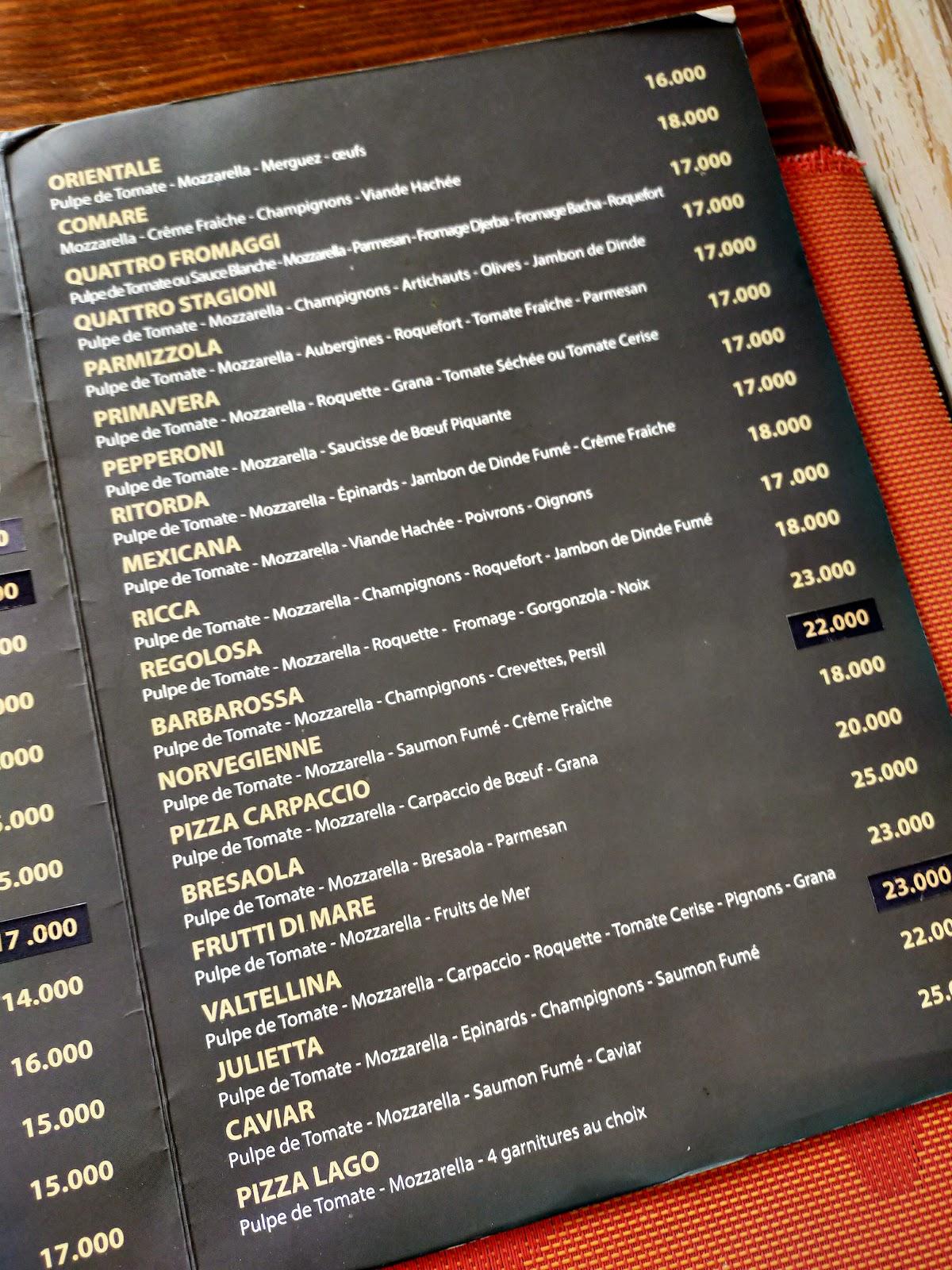 Menu au Pizza LAGO Lac 2 restaurant, Tunis