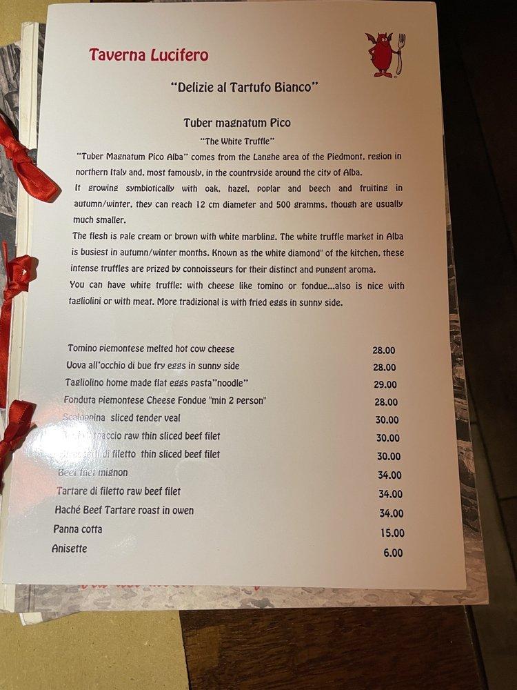 Menu at Taverna Lucifero restaurant, Rome, Via del Monte della Farina