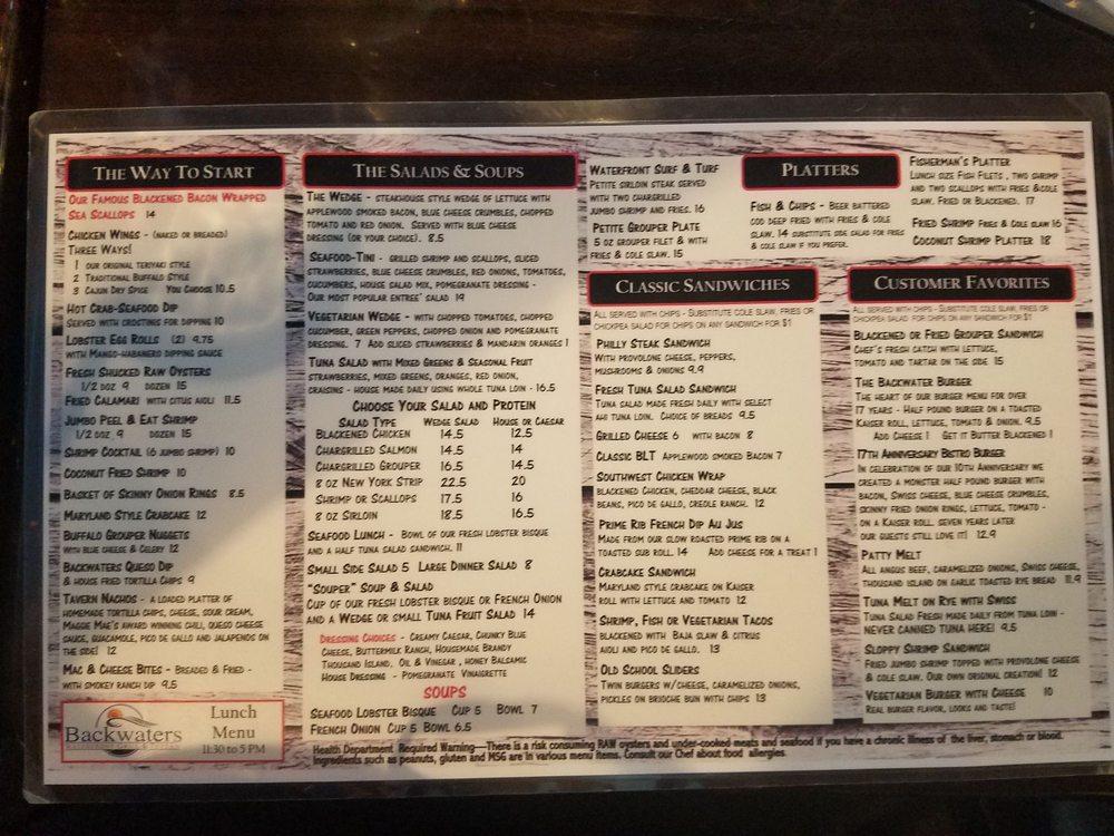 Menu at Backwaters restaurant, Clearwater