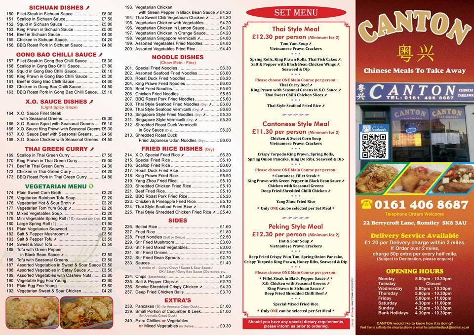 Menu at Canton fast food, Stockport