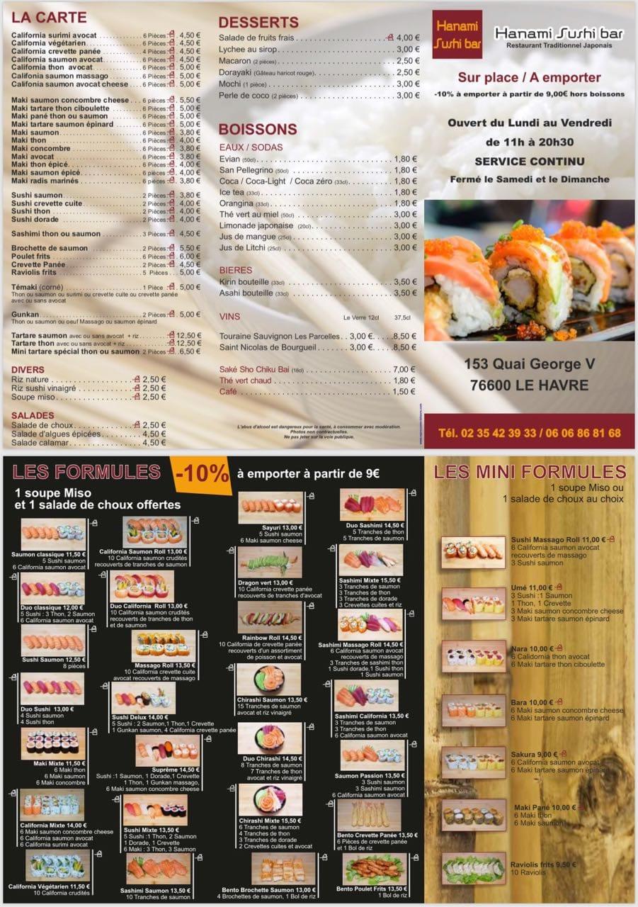 Menu au Hanami Sushi bar, Le Havre