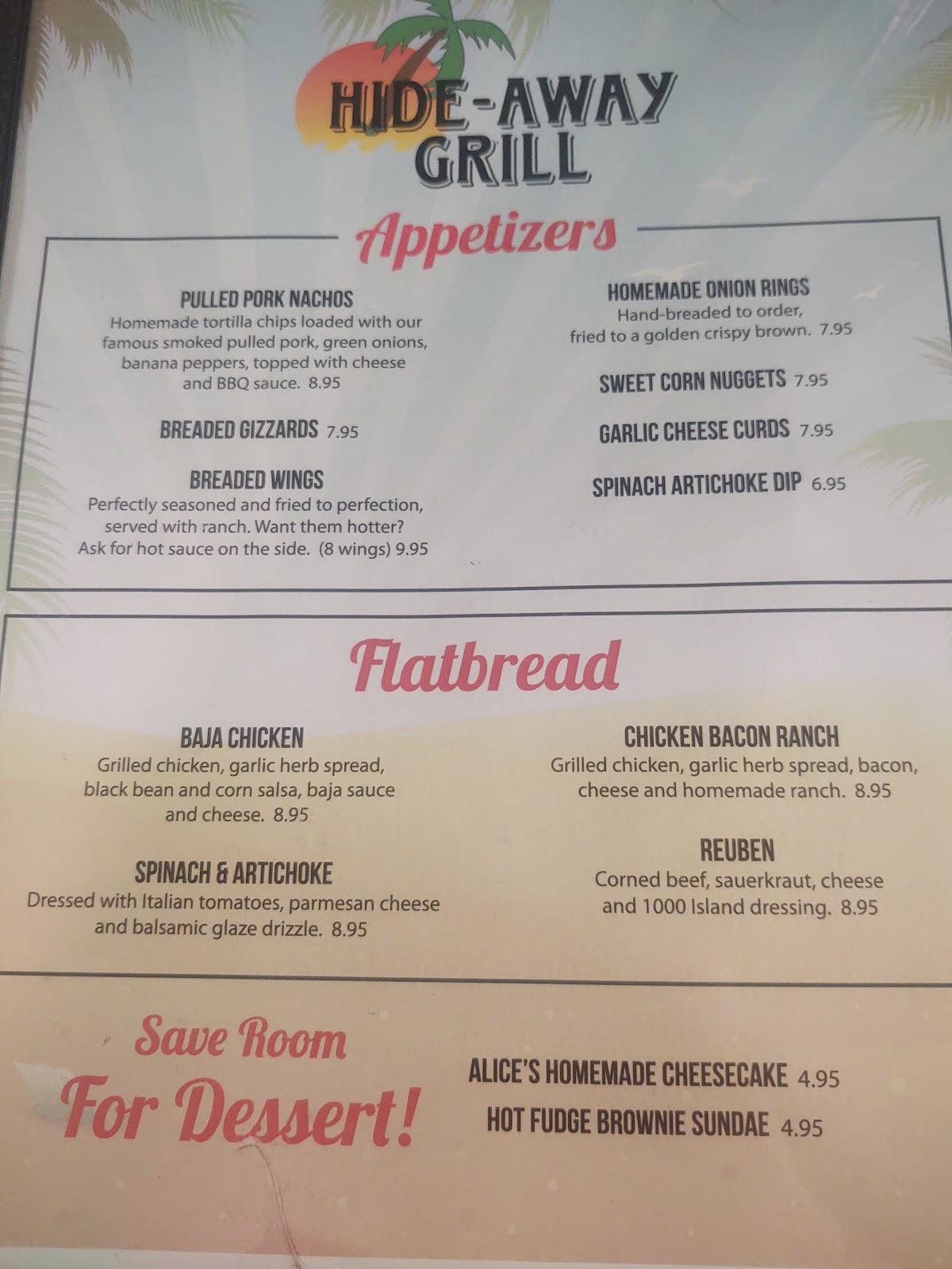 Menu at Hide-A-Way Grill pub & bar, West Point