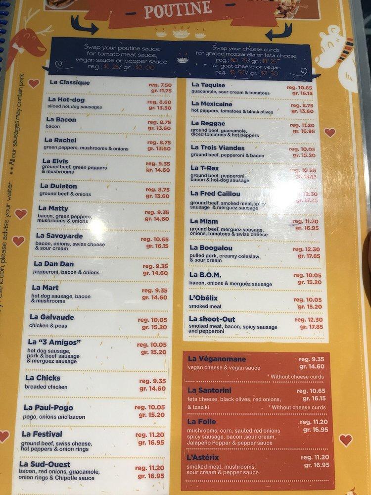 Carta del restaurante La Banquise, Montréal
