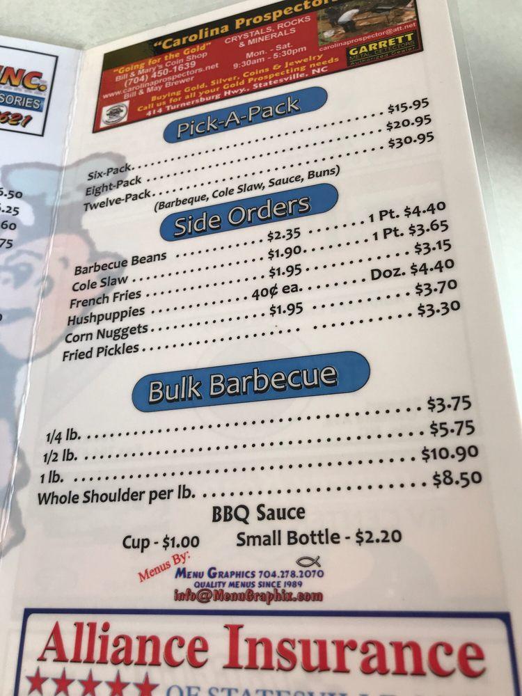 Menu at Little Pigs Barbecue, Statesville