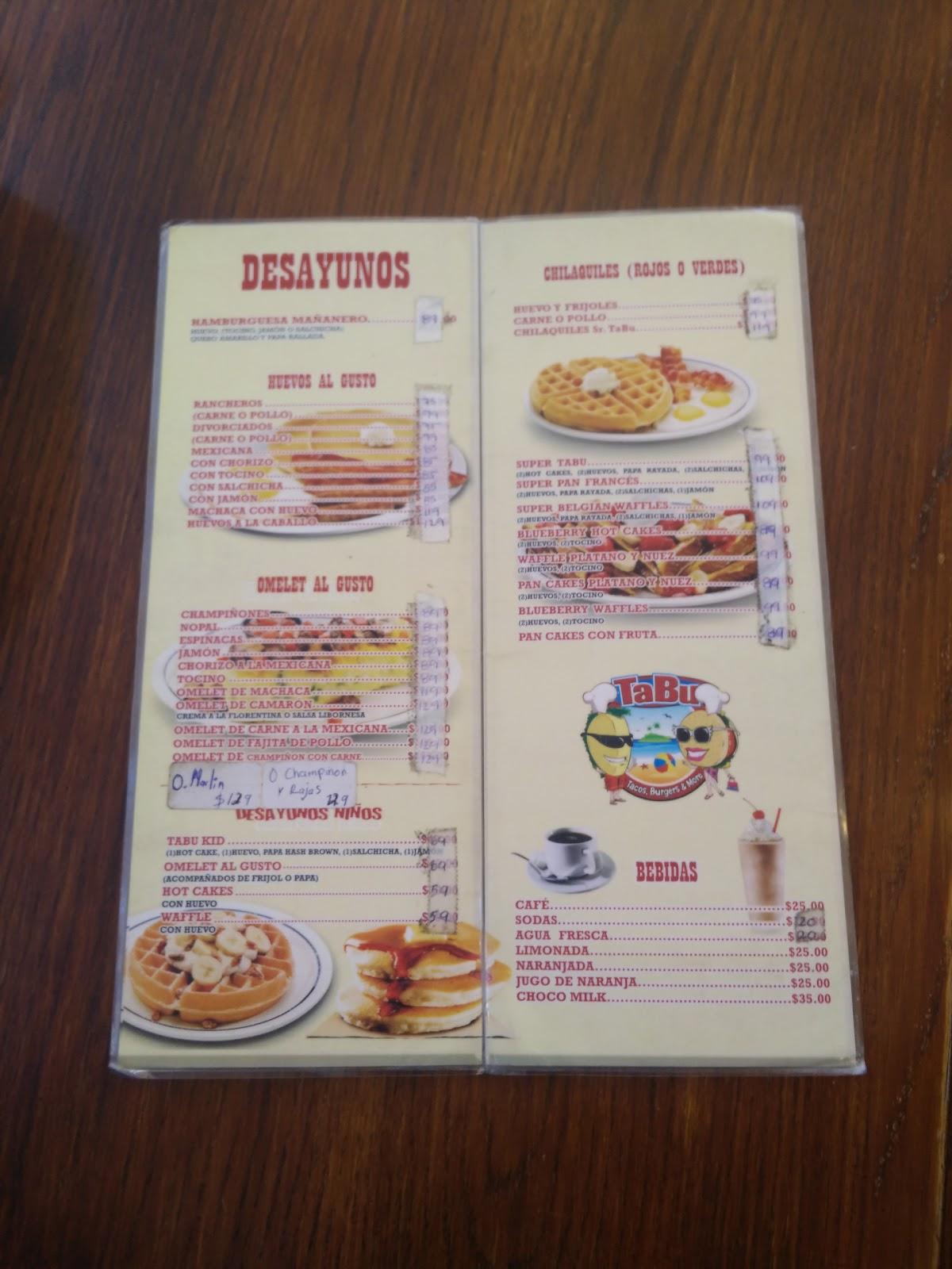 Menu at TaBu restaurant, Tijuana, Braulio Maldonado 735