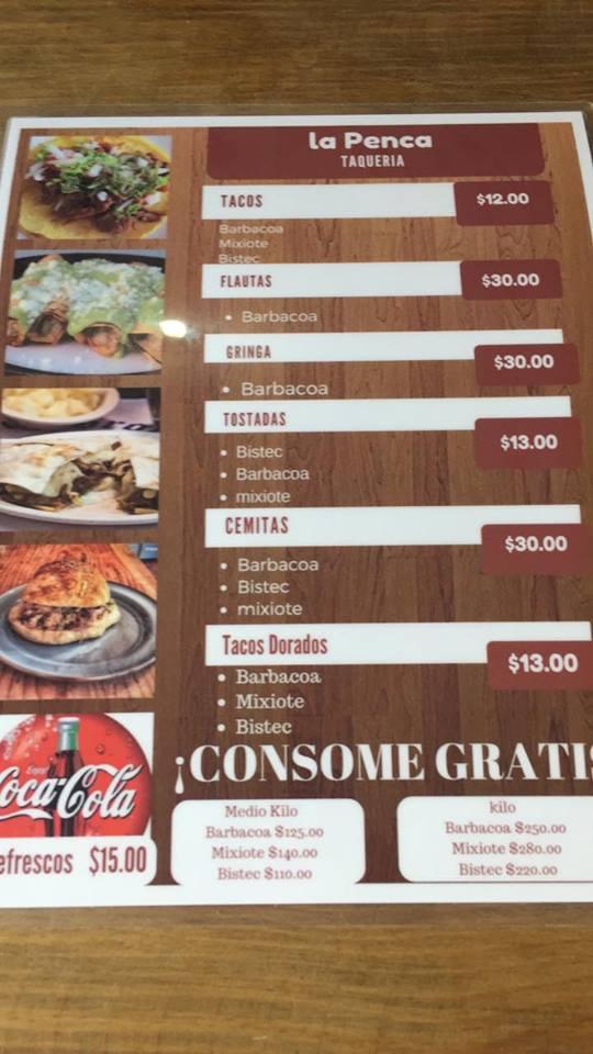 Menu at Taqueria “La Penca” restaurant, Zacatlán