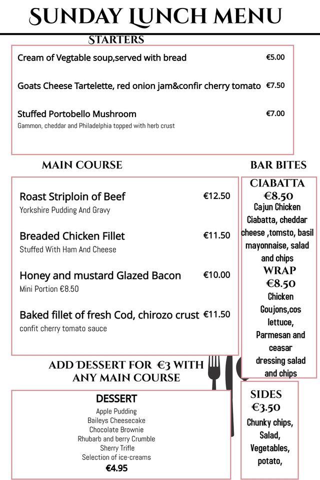 Menu at The Rising Sun restaurant, Mullinavat, Main Street