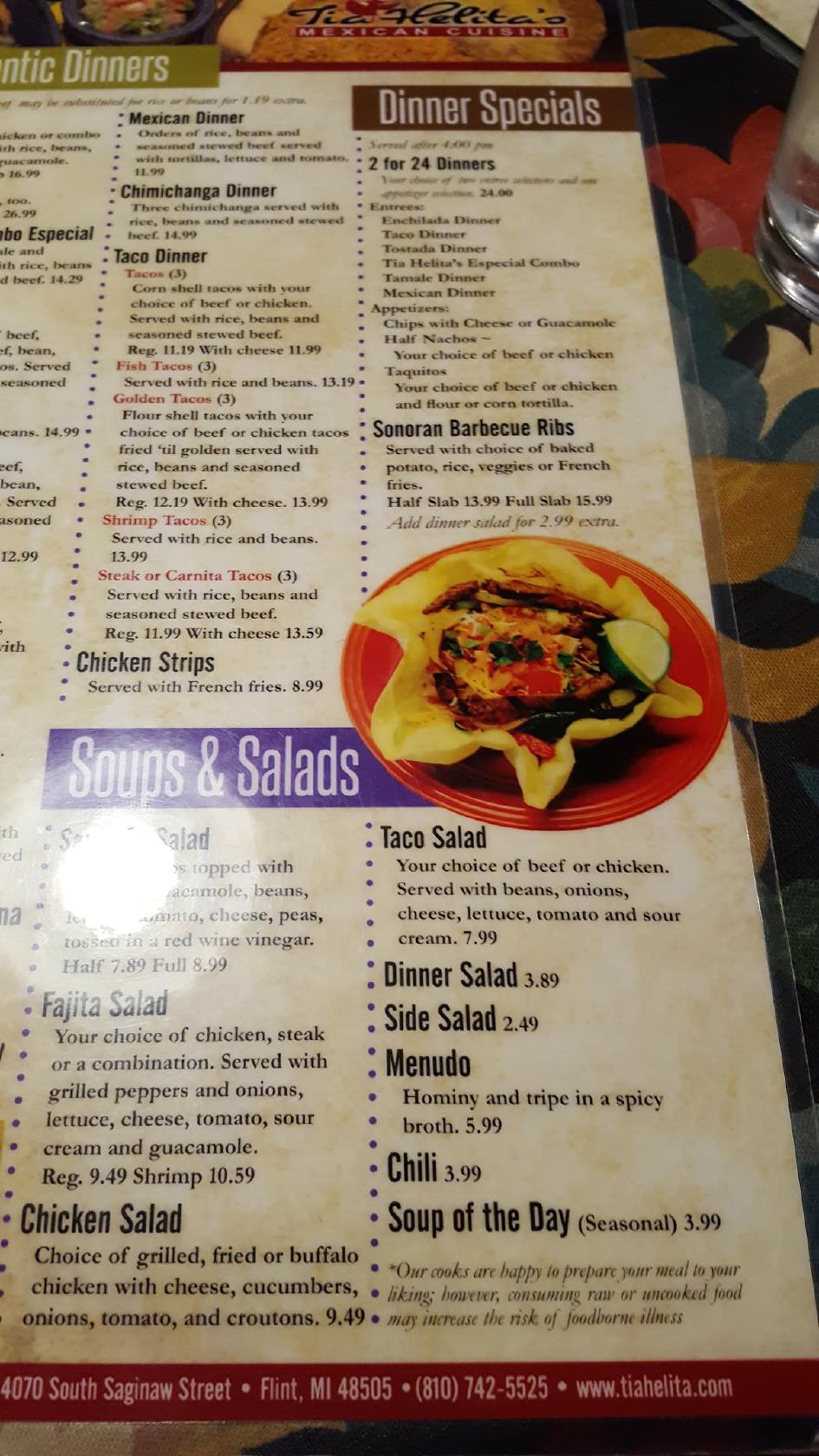 Menu at Tia Helita's Mexican Cuisine restaurant, Burton