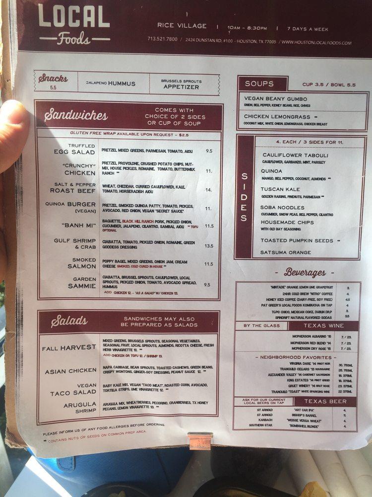 Menu at Local Foods - Rice Village restaurant, Houston