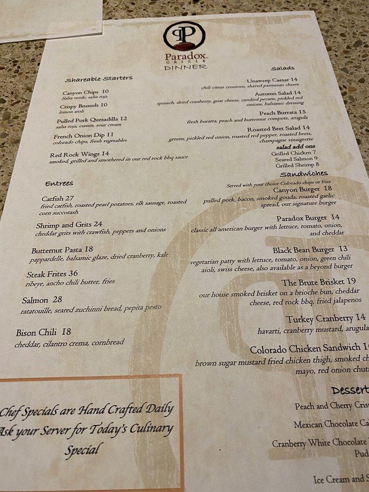 Menu at Paradox Grille pub & bar, Gateway, CO-141