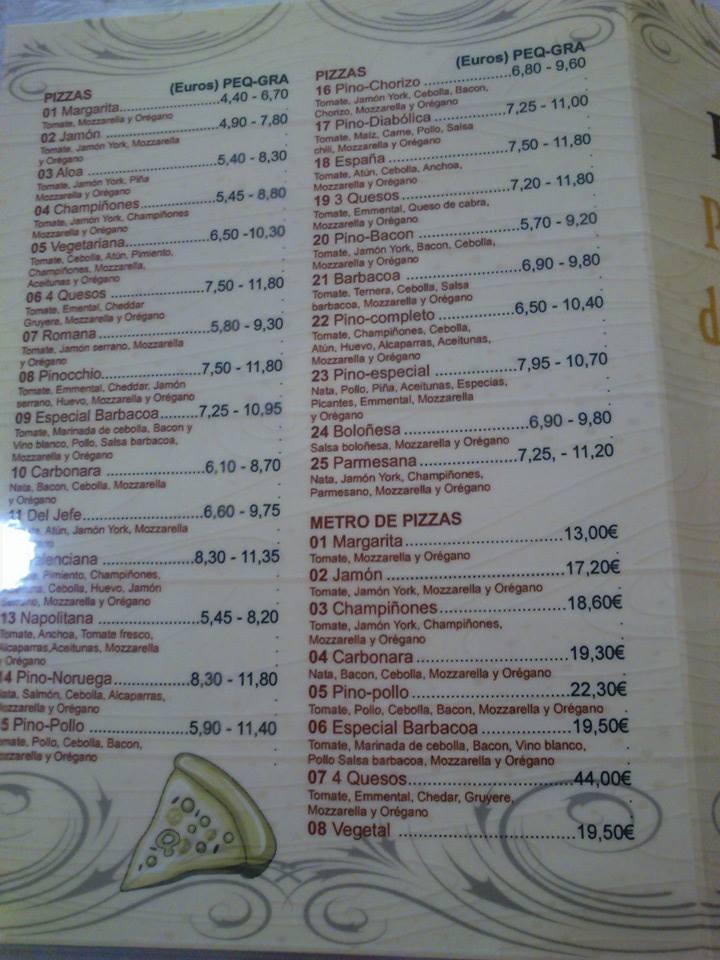 Carta del restaurante Pinocchio, Santa Pola