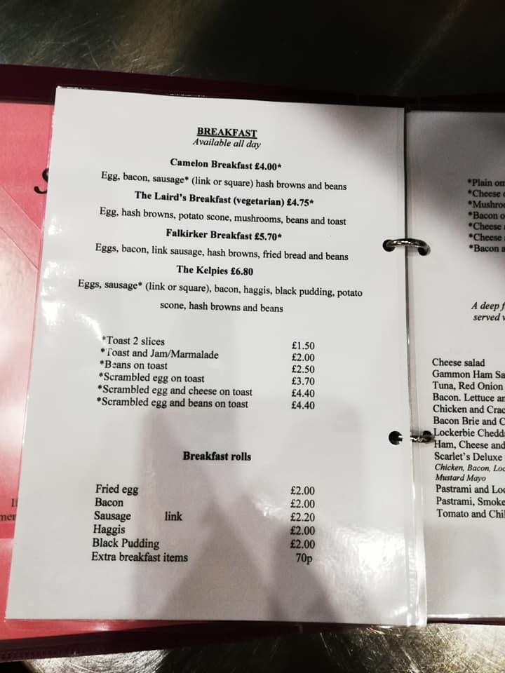 Menu at Scarlett's Cafe, Falkirk, 12 Union Road