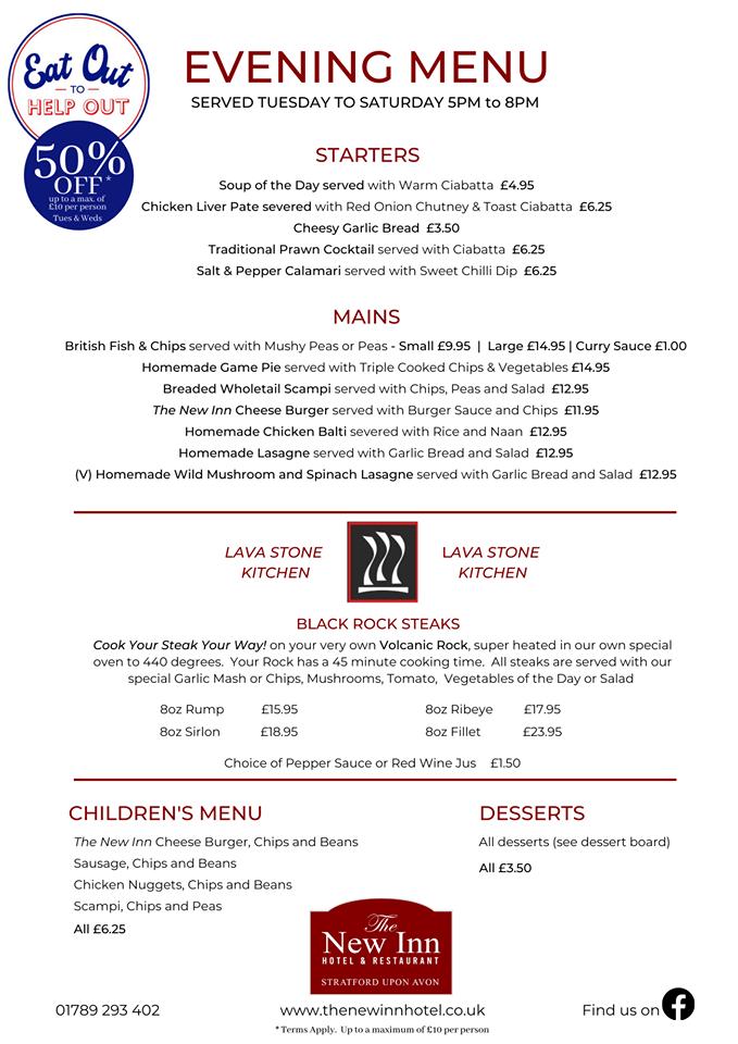 Menu at The New Inn Hotel pub & bar, Stratford-upon-Avon
