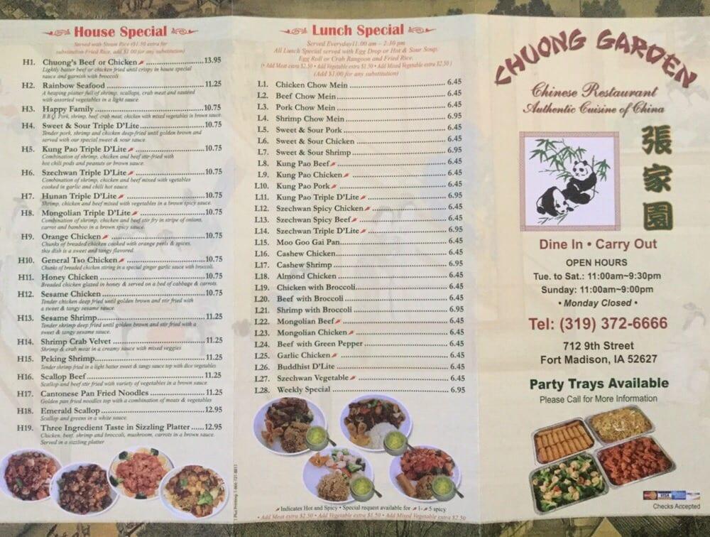Menu at Chuong Garden restaurant, Fort Madison