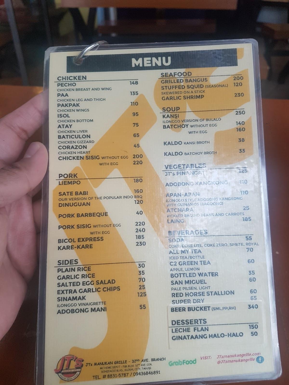 Menu at JT's Manukan Grille 2nd Ave restaurant, Taguig