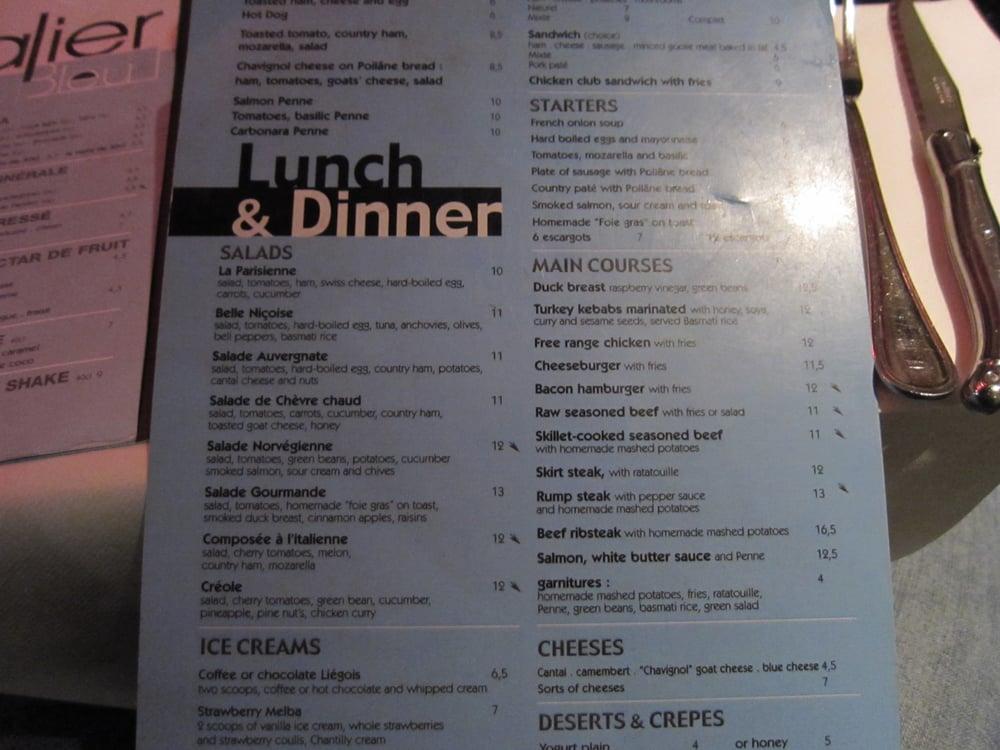 Menu at Le Cavalier Bleu pub & bar, Paris