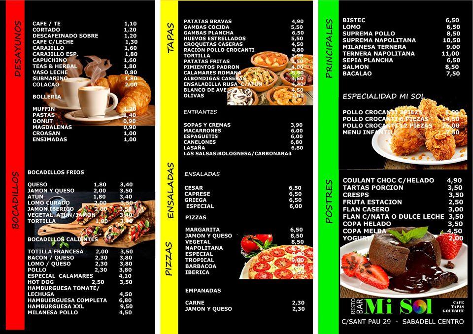 Menu at Mi Sol Chicken restaurant, Barcelona