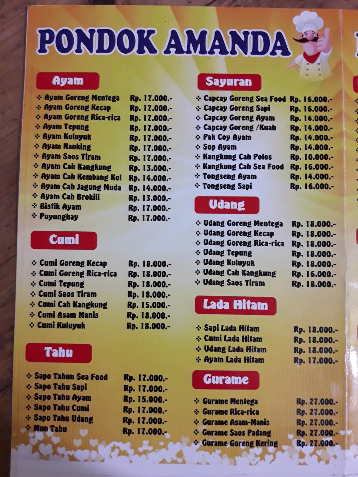 Menu at Pondok Amanda restaurant, East Jakarta