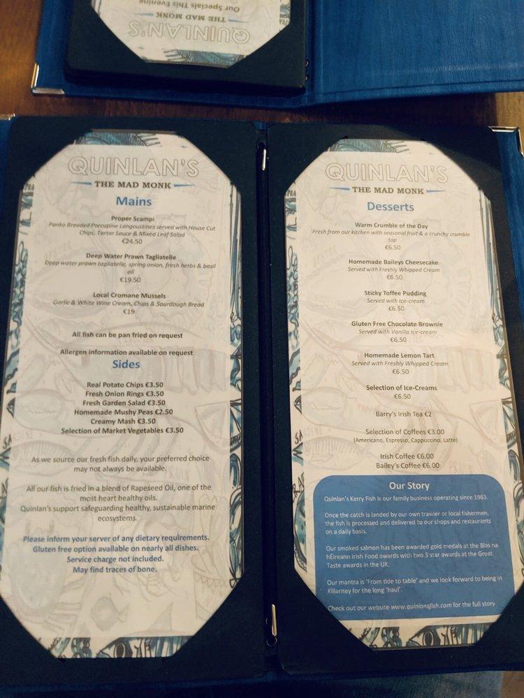 Menu at The Mad Monk steakhouse, Killarney