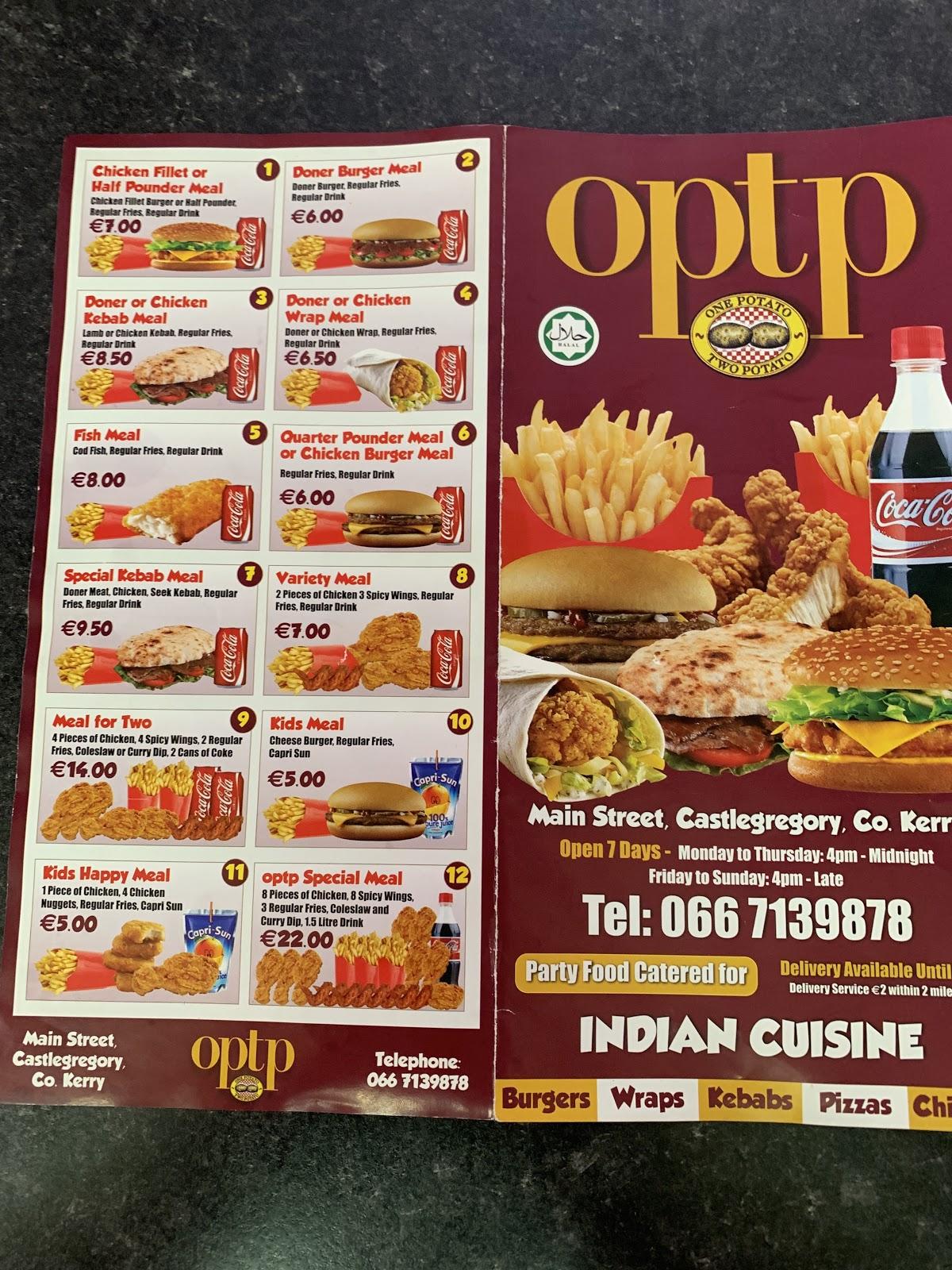 Menu at OPTP Takeaway restaurant, Castlegregory