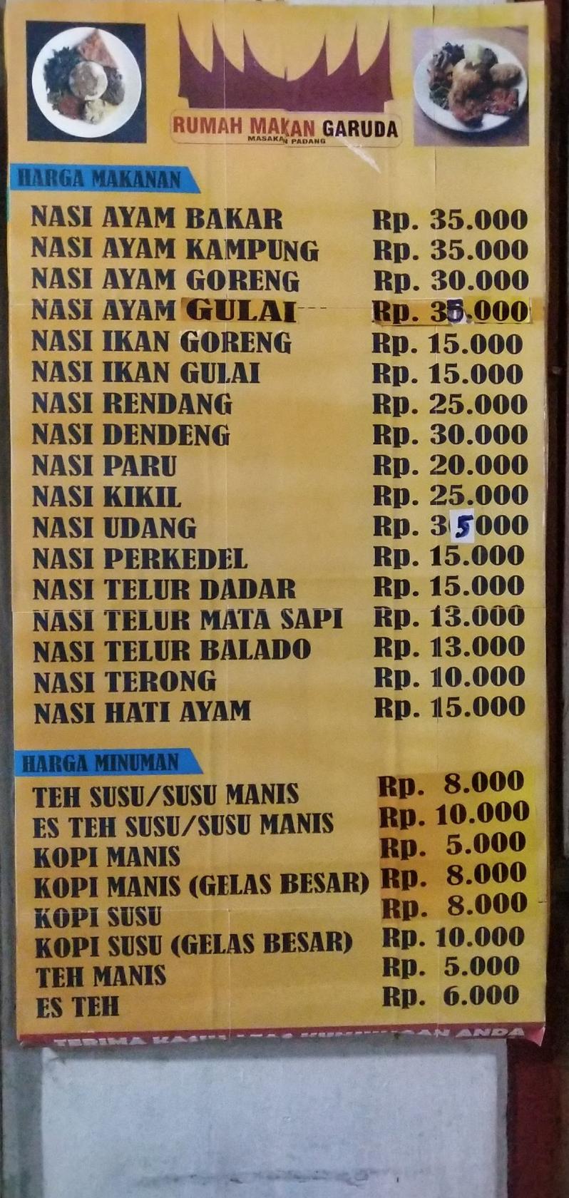 Menu at Rumah Makan Garuda restaurant, Bajawa