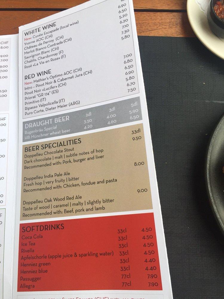 Menu at Taverne, Interlaken