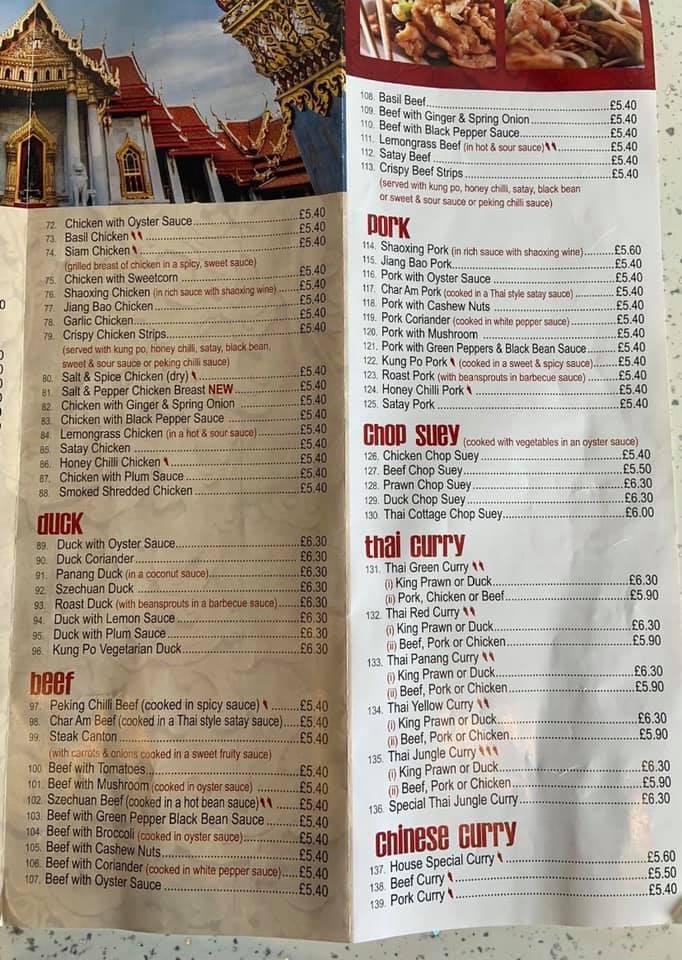 Menu at Thai Cottage restaurant, Lossiemouth