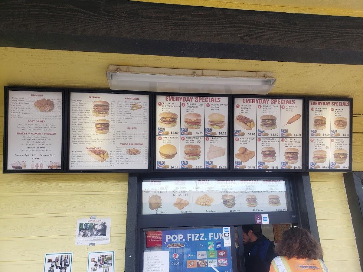 Menu at Buzz's Drive In fast food, Goshen