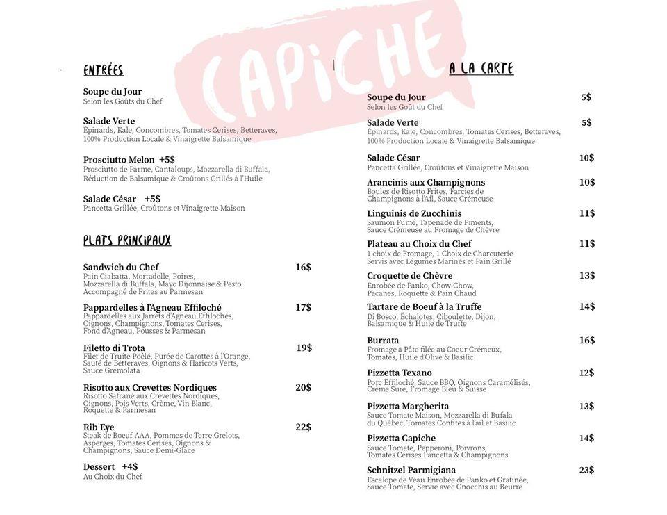 Menu at Restaurant Capiche, Drummondville