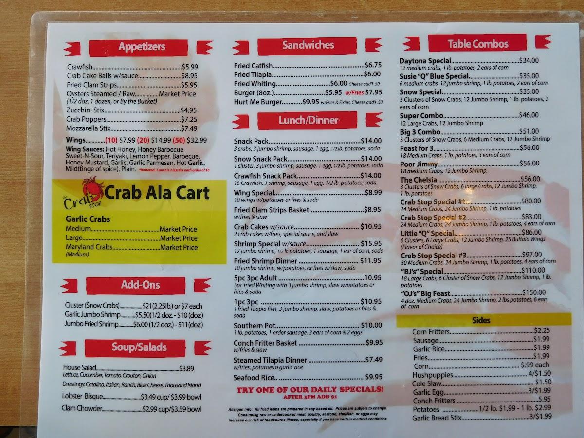 Menu at Crab Stop II restaurant, Daytona Beach