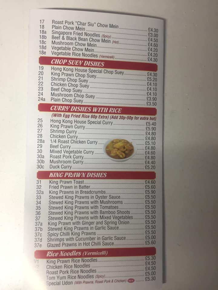 Menu at Hong Kong House fast food, Grays