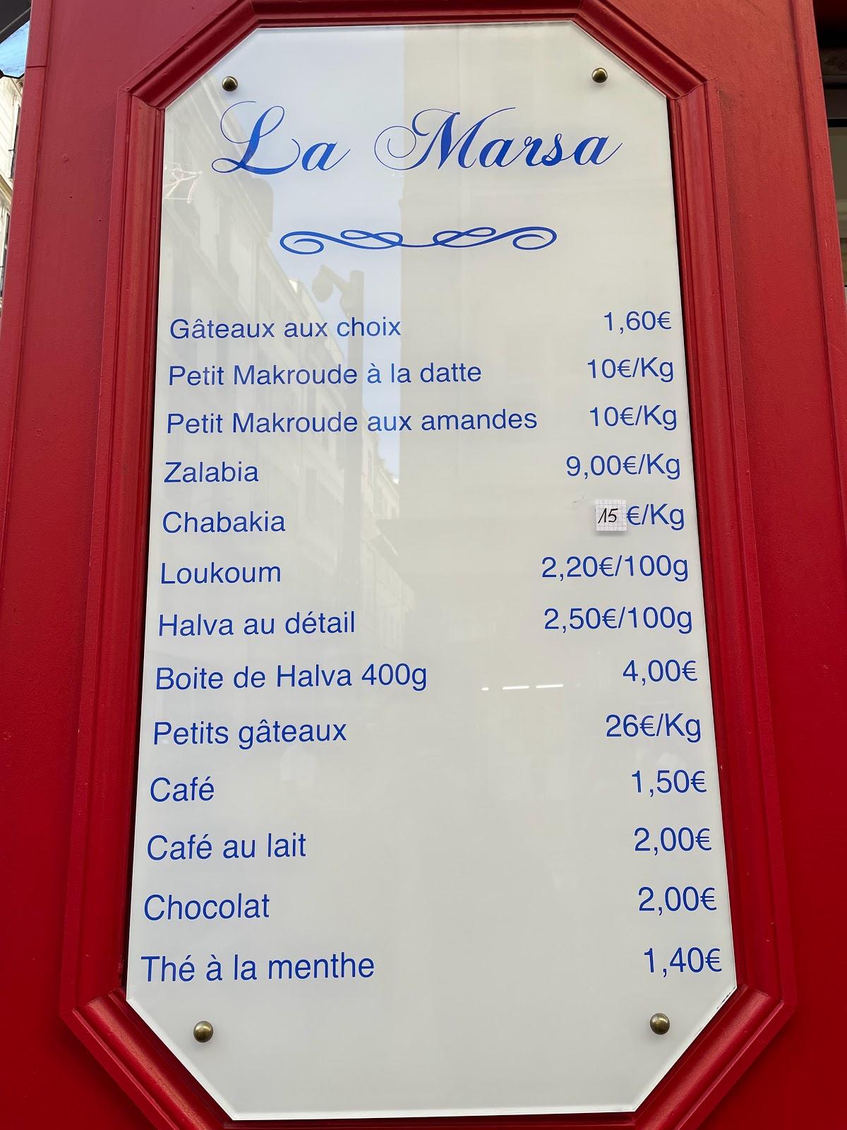 Menu at La Marsa restaurant, Marseille, 11 Rue Rouvière