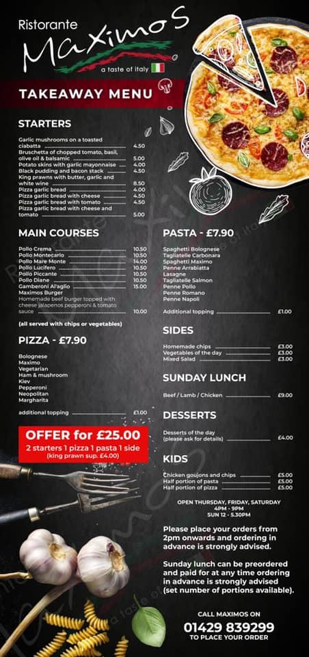 Menu at Maximo's Italian Restaurant, Peterlee