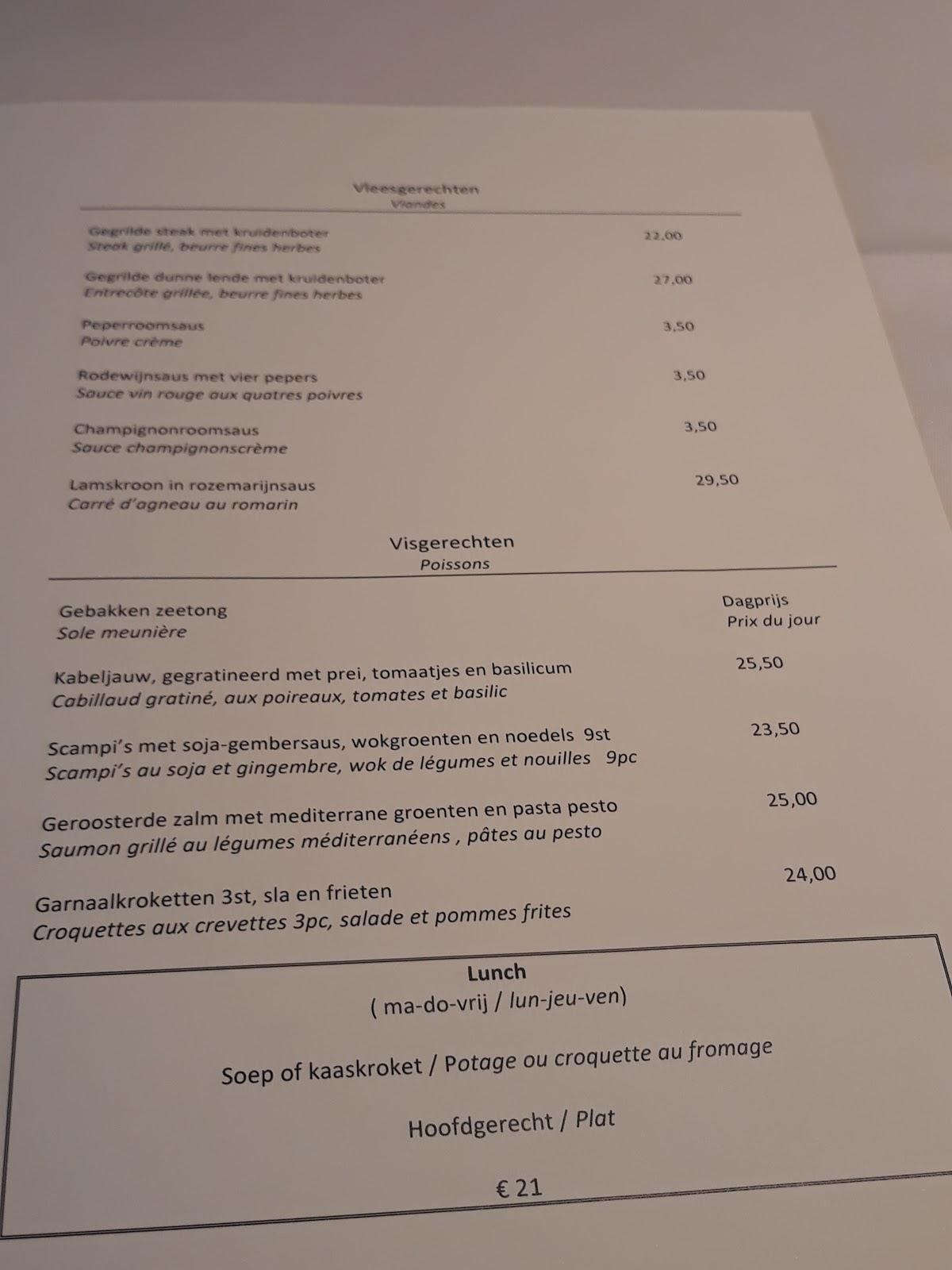 Menu at Restaurant Piccadilly, De Haan, Leopold II-laan 2