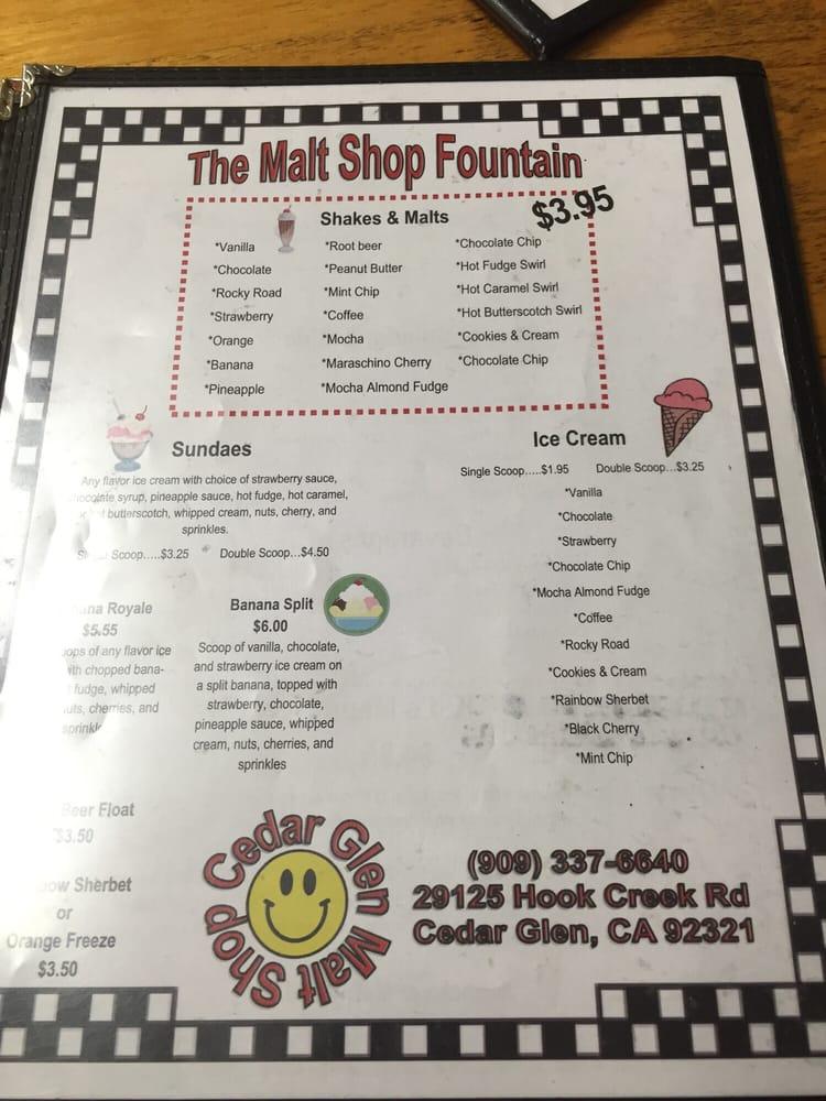 Menu at Cedar Glen Malt Shop restaurant, Lake Arrowhead