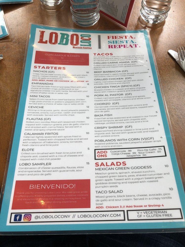 Menu at Lobo Loco restaurant, New York City, 3rd Ave