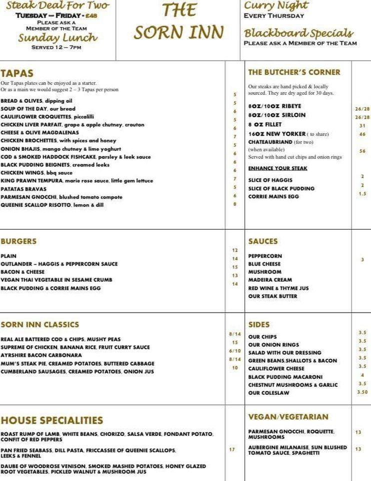 Menu at Sorn inn holiday apartments pub & bar, Sorn