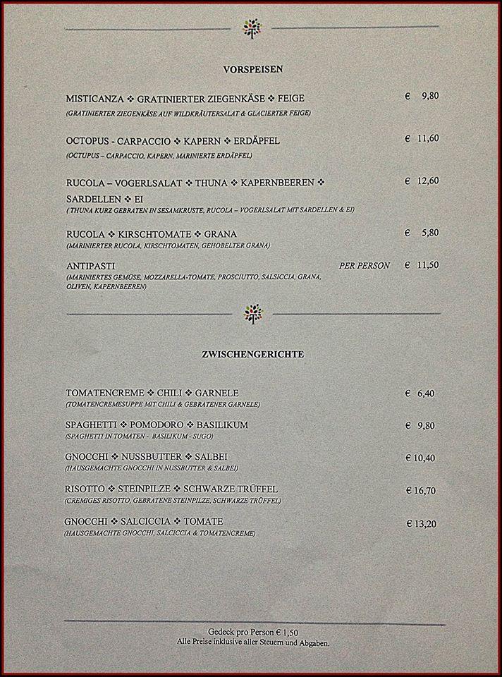 Menu at Terra Rossa restaurant, Vienna